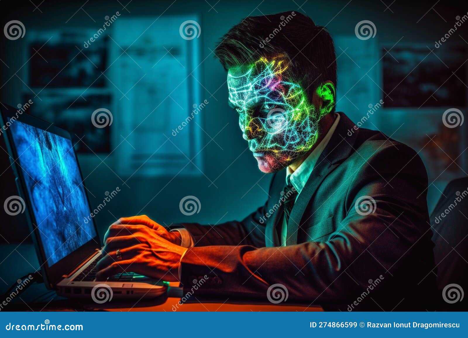 Humanoid Cyborg with Half Robot Face Typing on a Computer, Representing ...