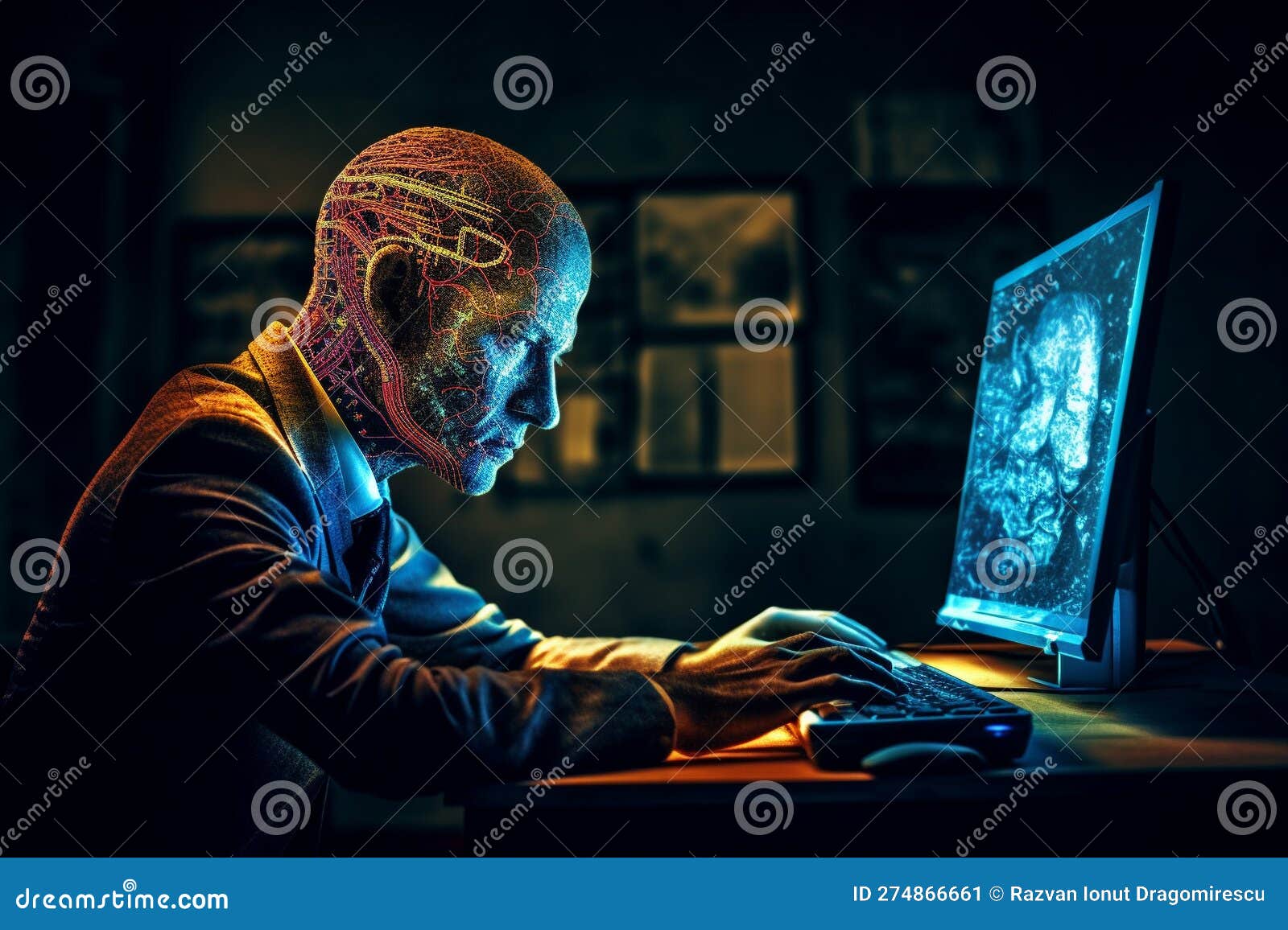 Humanoid Cyborg with Half Robot Face Typing on a Computer, Representing ...