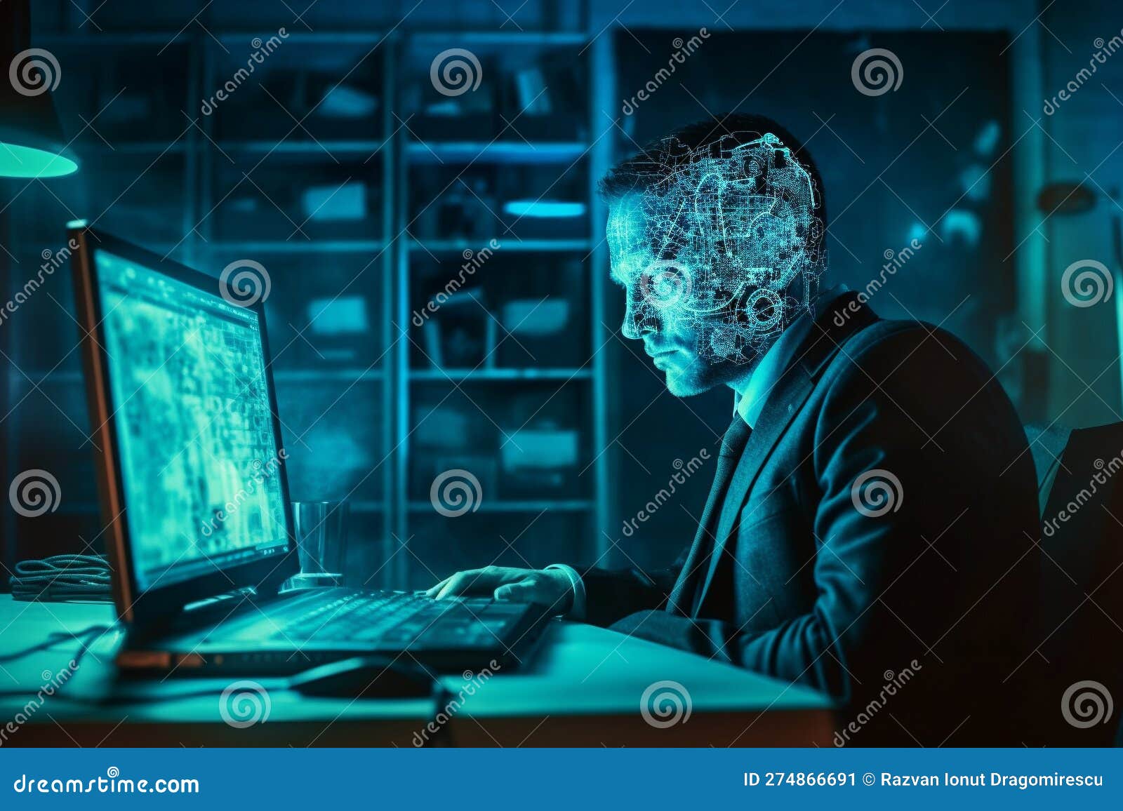 Humanoid Cyborg with Half Robot Face Typing on a Computer, Representing ...