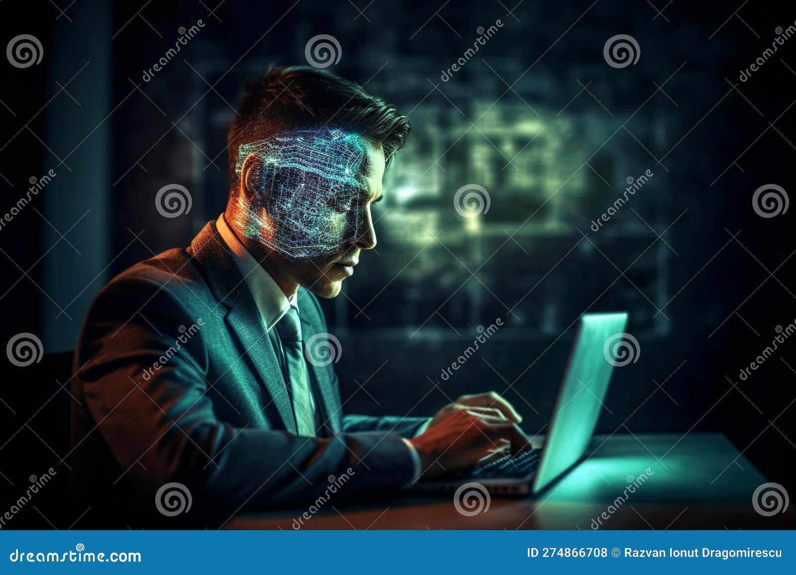Humanoid Cyborg with Half Robot Face Typing on a Computer, Representing ...
