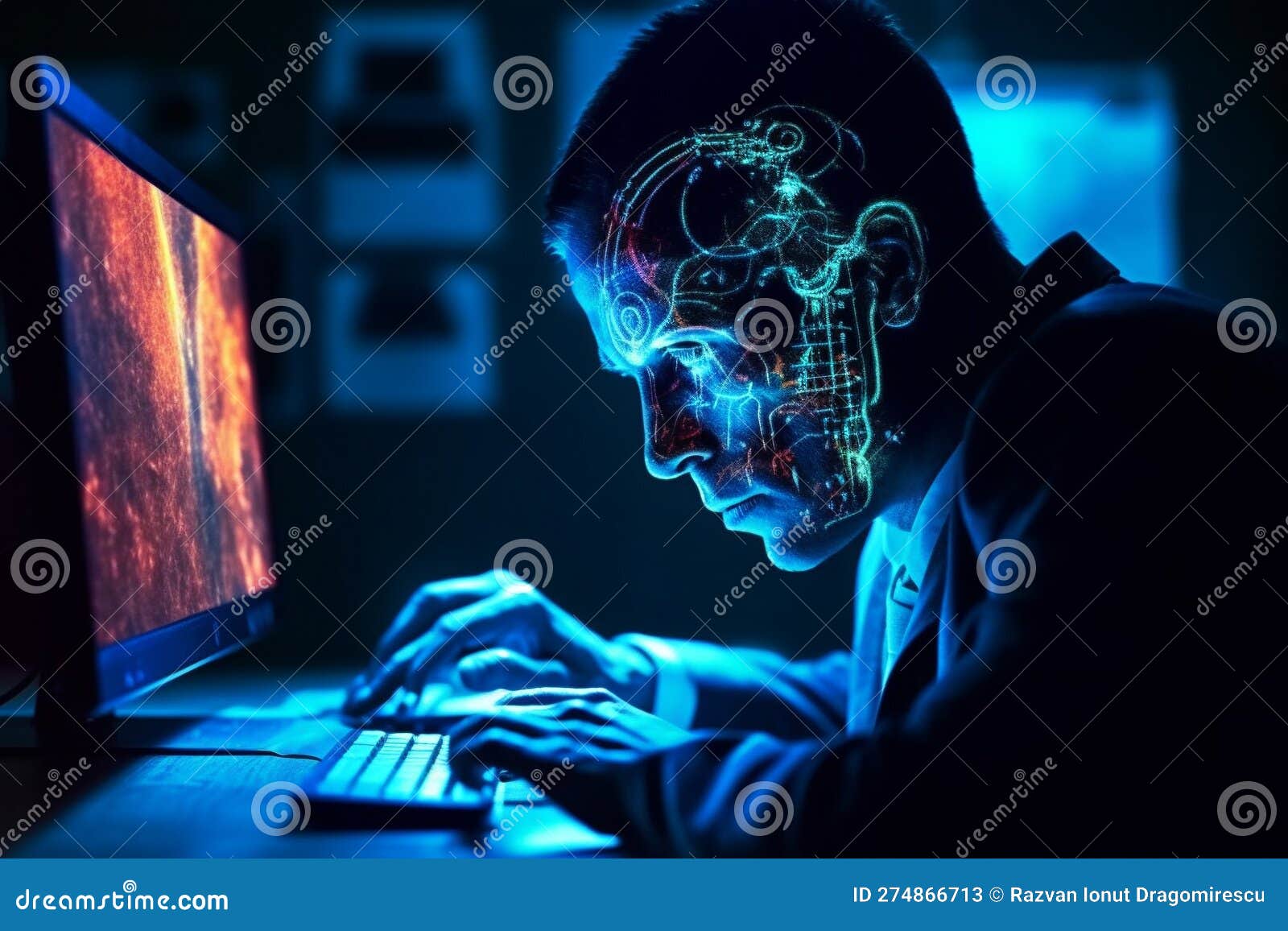 Humanoid Cyborg with Half Robot Face Typing on a Computer, Representing ...