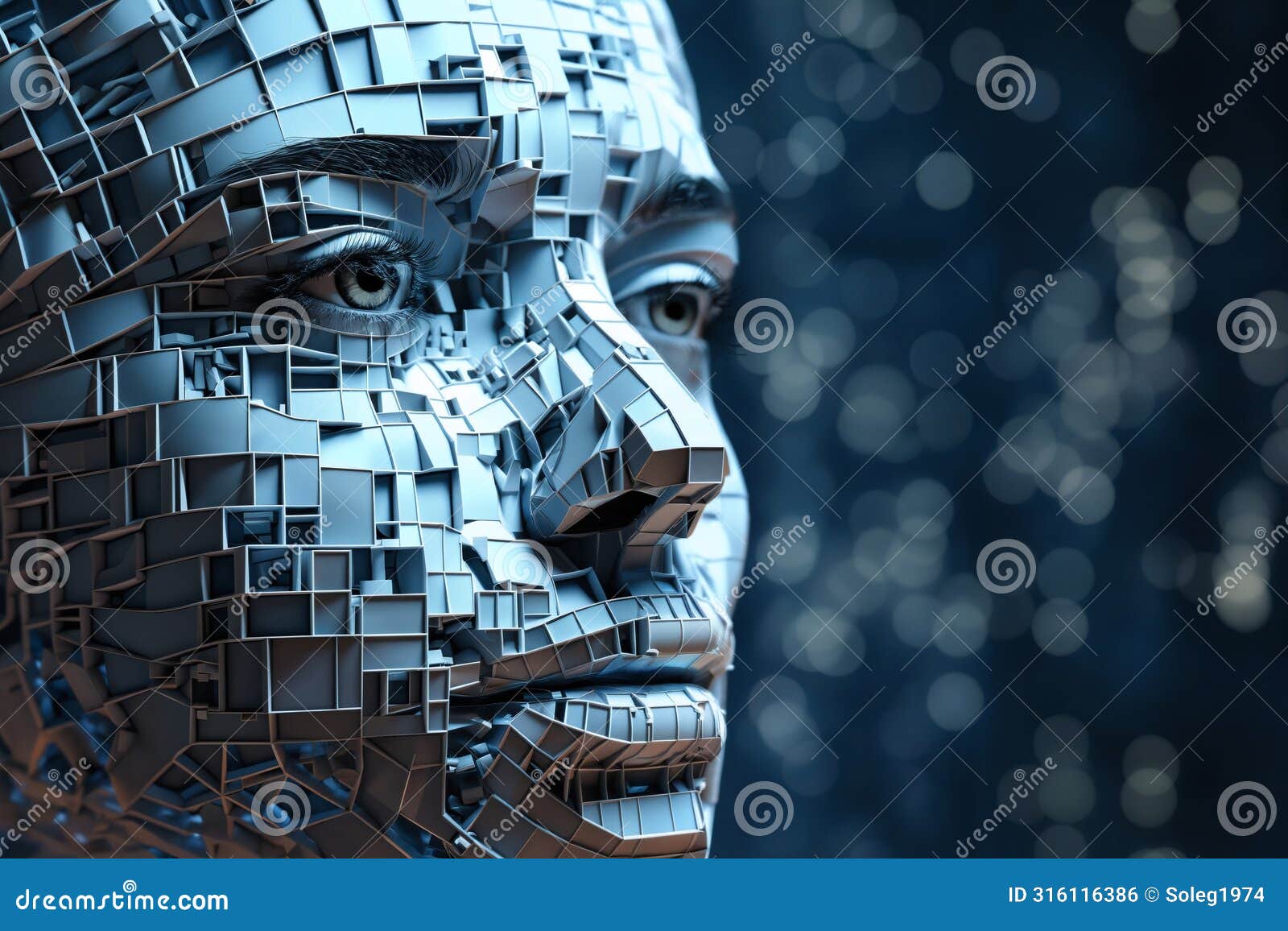 Humanoid Face with 3D Cubes and Shapes, and Particles Around Her Face ...