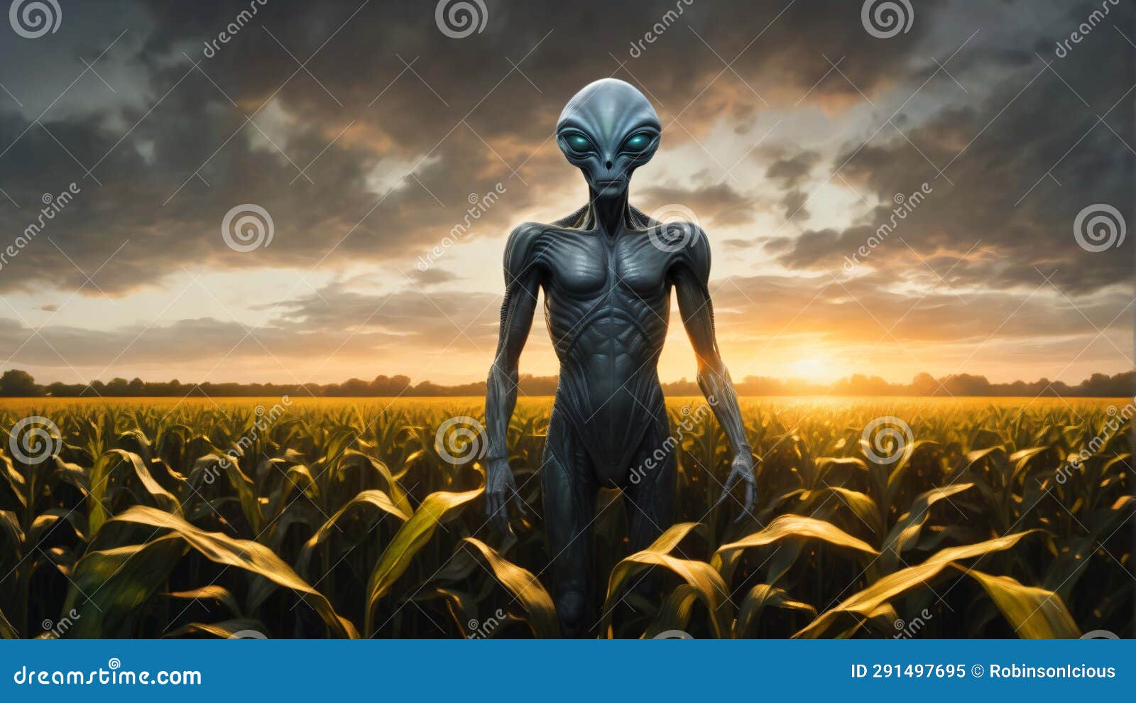 Humanoid Gray Alien in Corn Field. ET Design in High Resolution Stock ...
