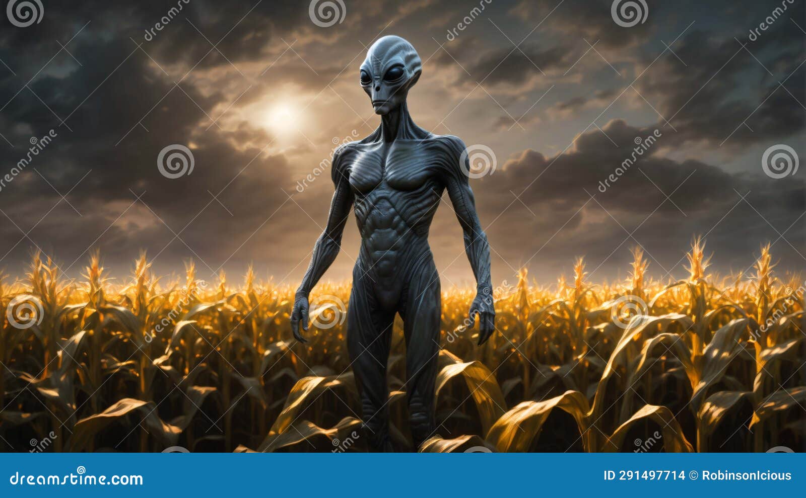 Humanoid Gray Alien in Corn Field. ET Design in High Resolution Stock ...