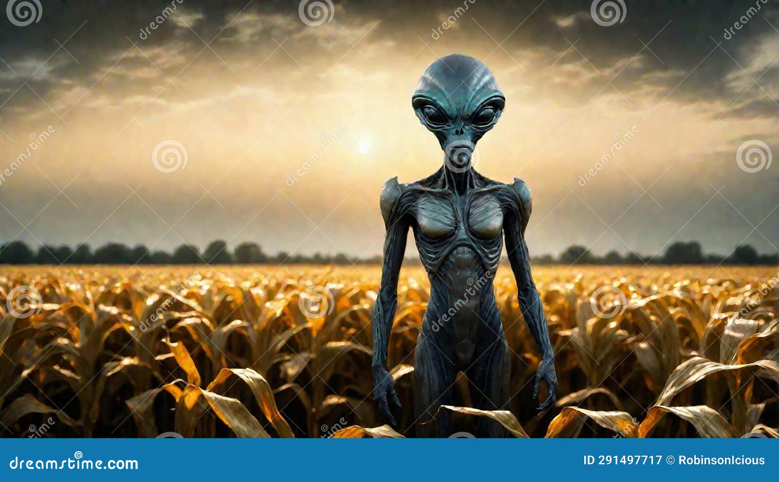 Humanoid Gray Alien in Corn Field. ET Design in High Resolution Stock ...