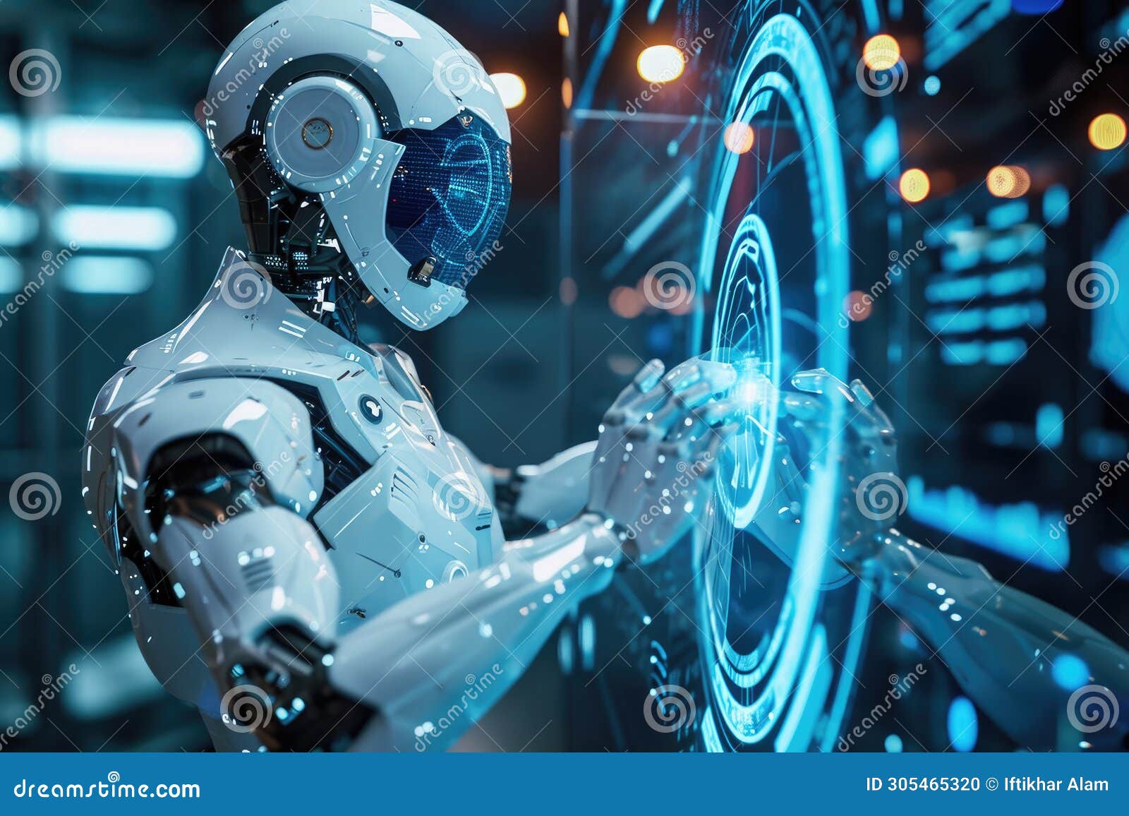 A Humanoid Robot with Advanced Technology Touches a Futuristic Object ...