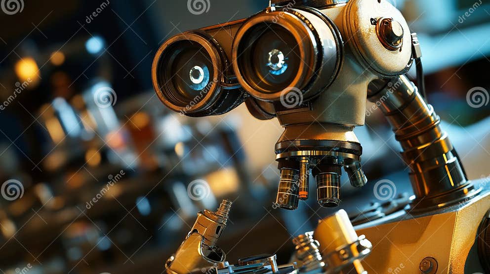 Humanoid Robot Analyzing Microscope in Research Lab Stock Photo - Image ...