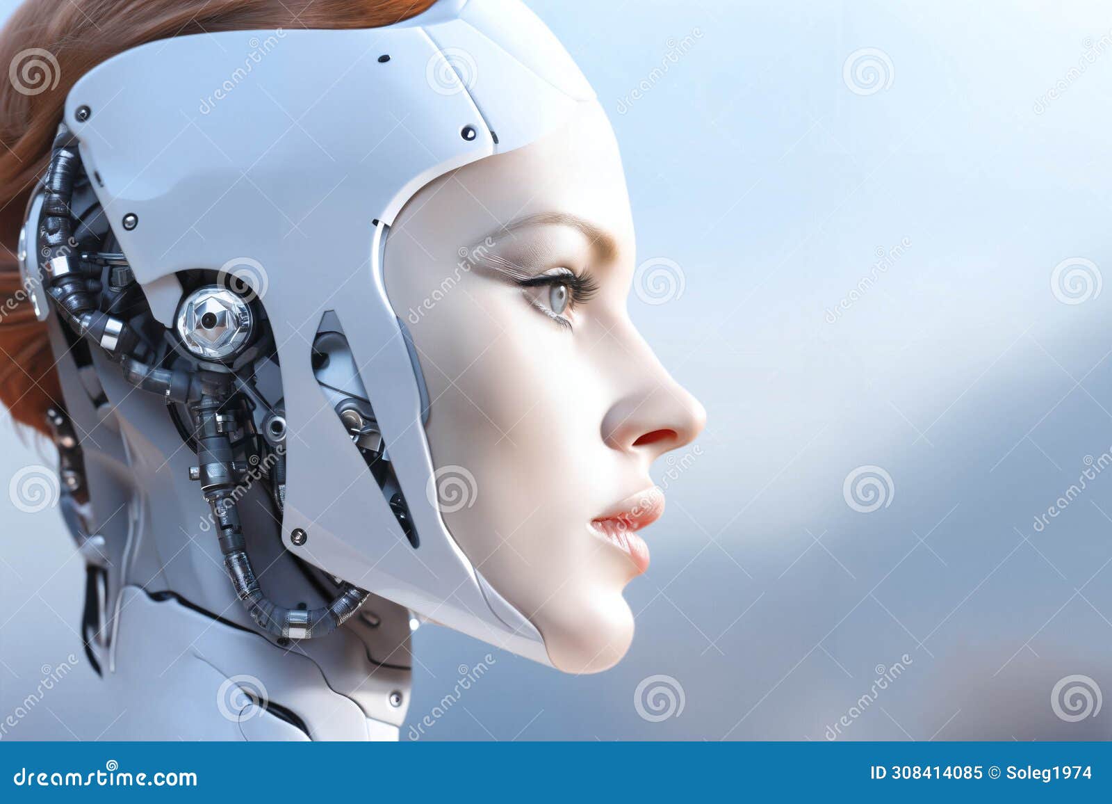 Humanoid Robot Android Hybrid with a Female Face, with a Plastic Helmet ...