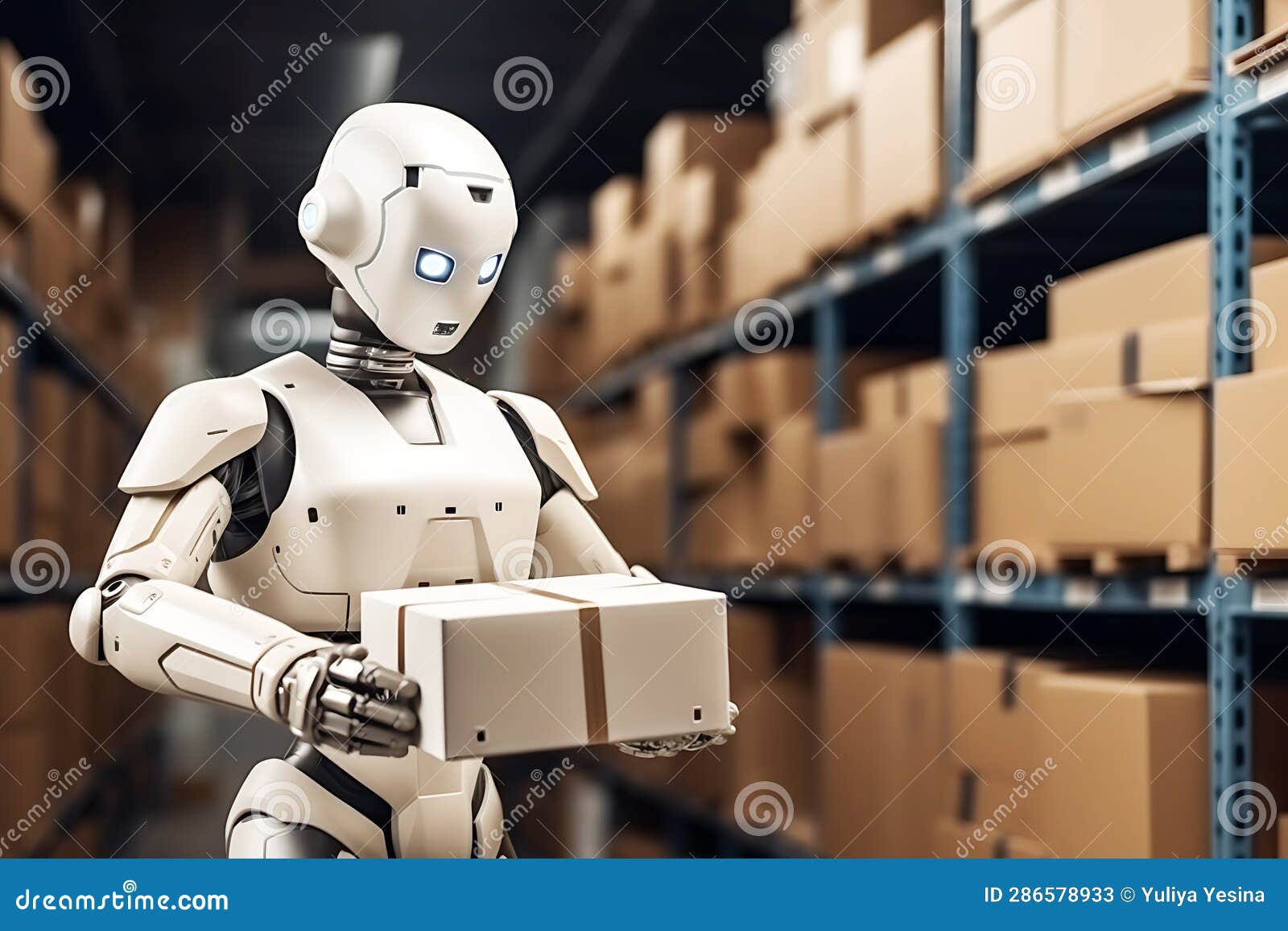Humanoid Robot Arranges Boxes in a Warehouse Stock Illustration ...
