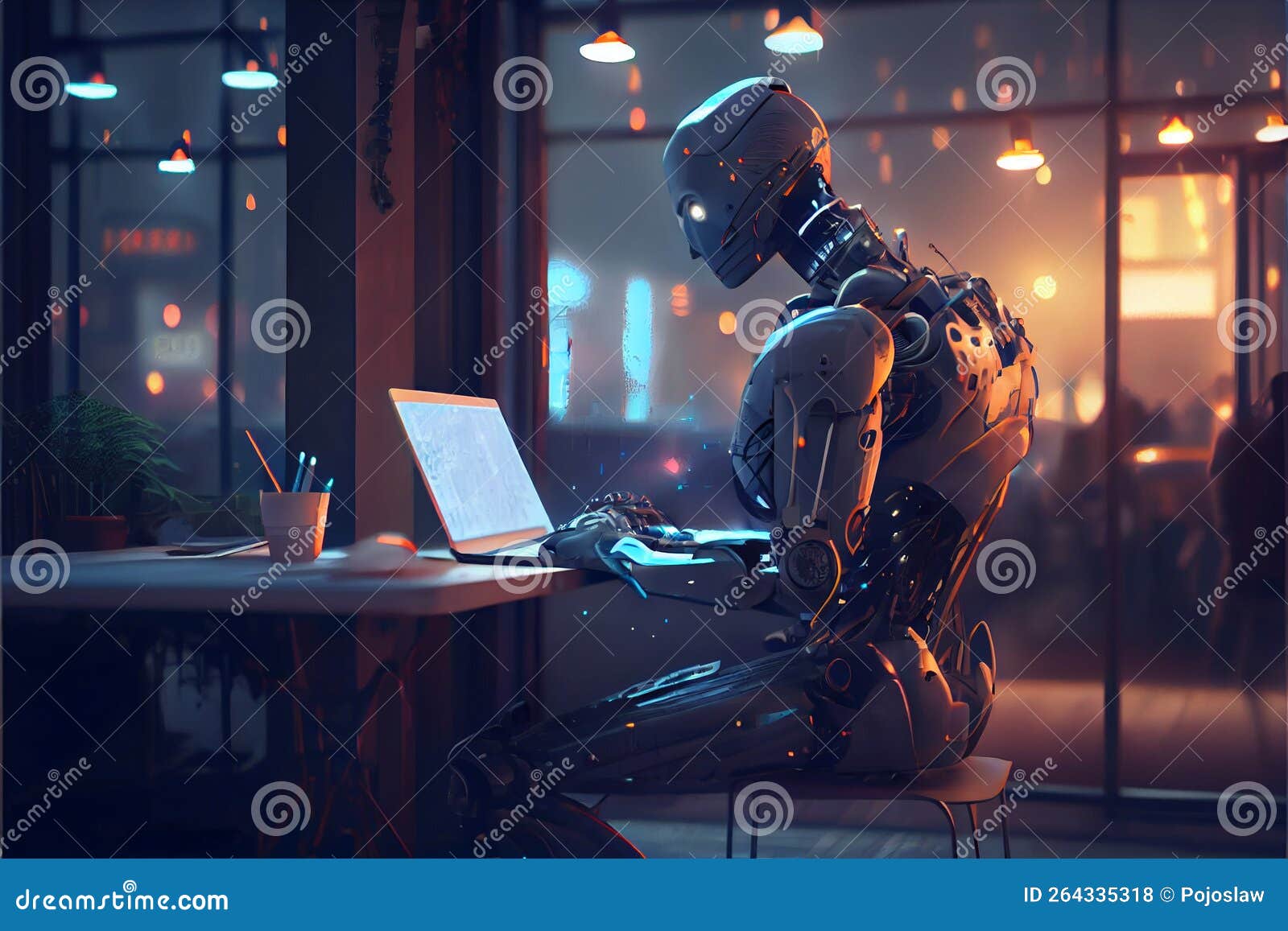 Humanoid Robot, Artificial Intelligence Working at His Computer ... Humanoid Robot, Artificial Intelligence Working at His Computer ...