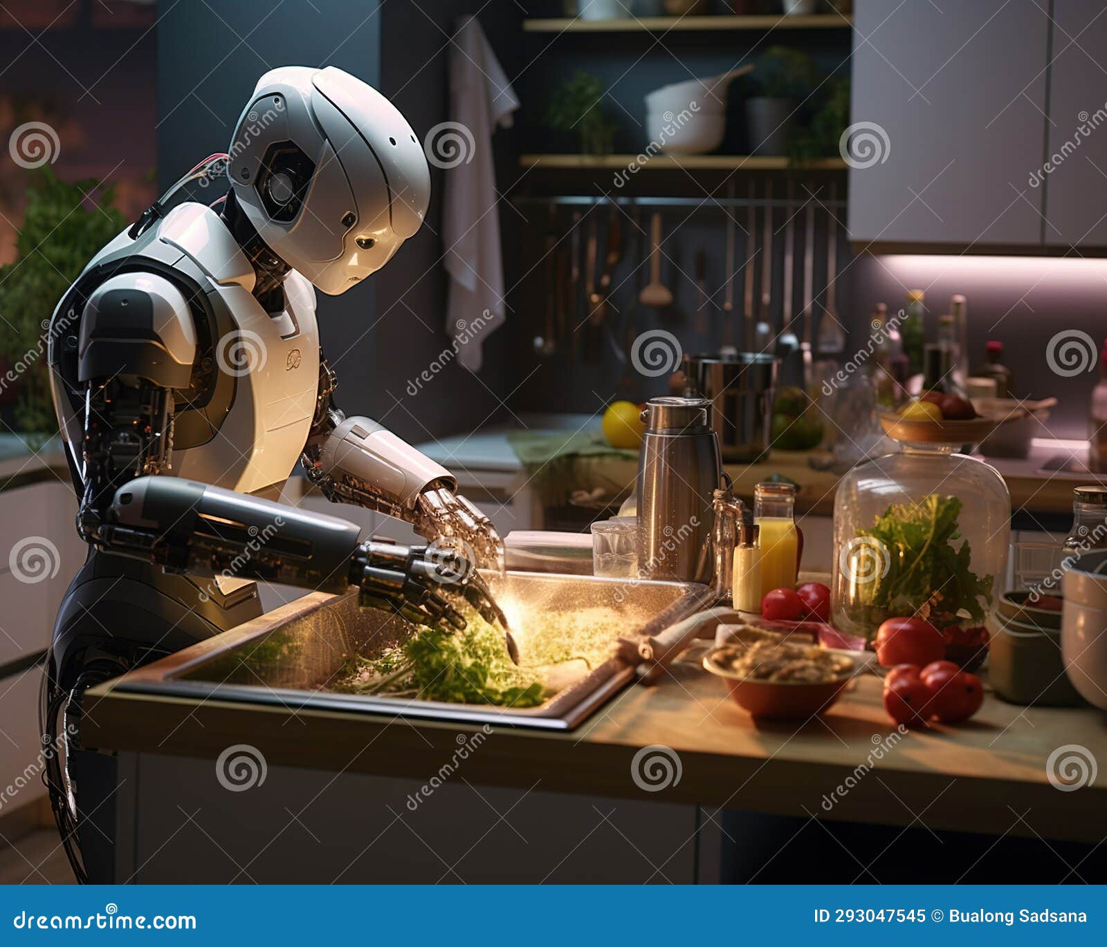Humanoid Robot As a Cook Preparing a Meal in the Kitchen. Stock ...