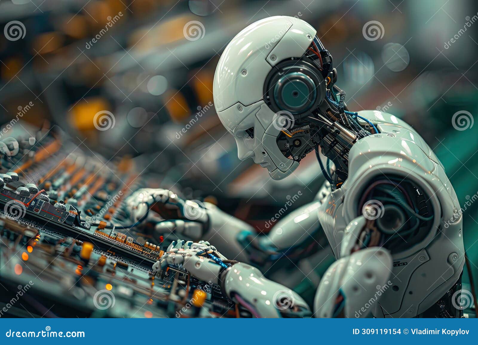 A Humanoid Robot is Assembling an Electronic Device Stock Illustration ...