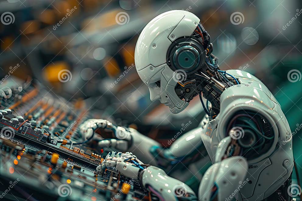 A Humanoid Robot is Assembling an Electronic Device Stock Illustration ...