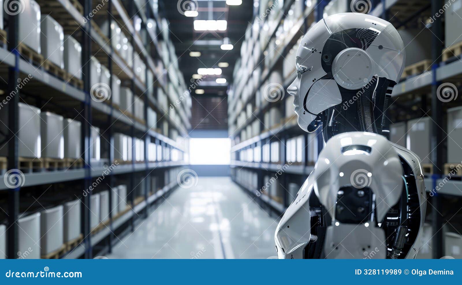 Humanoid Robot in a Brightly Lit Warehouse Environment. Concept of ...