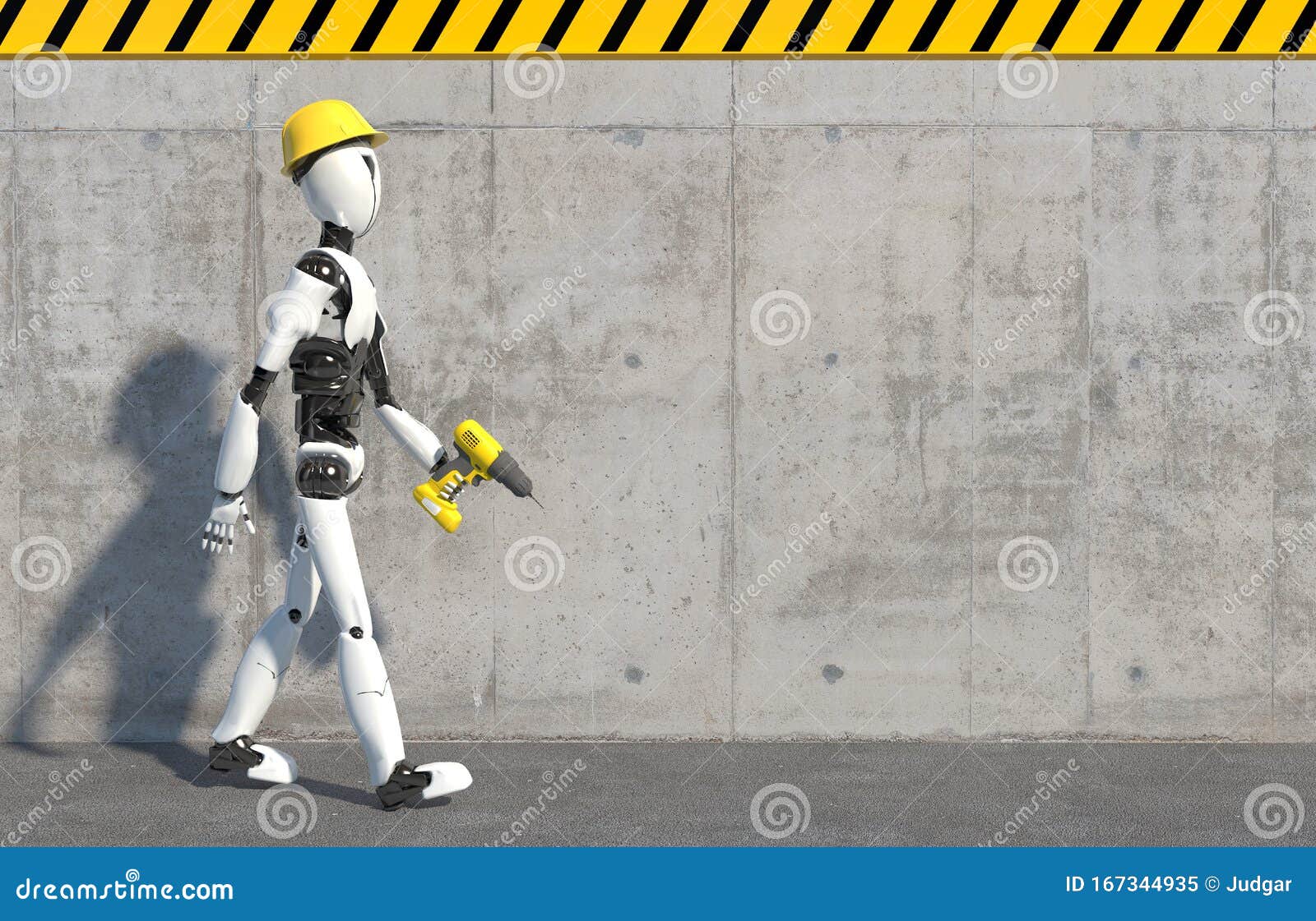 A Humanoid Robot Builder in a Construction Helmet and a Drill in His ...