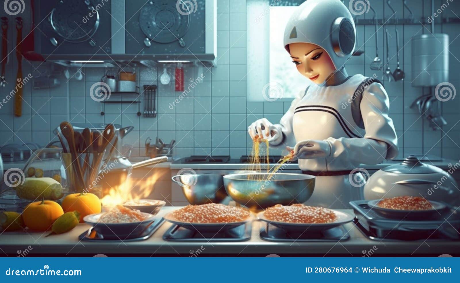 3d Rendering of Beautiful Humanoid Robot Chef Cooking in the Kitchen ...