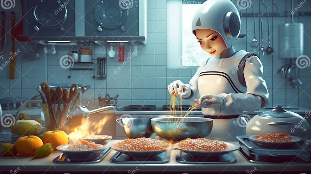 3d Rendering of Beautiful Humanoid Robot Chef Cooking in the Kitchen ...
