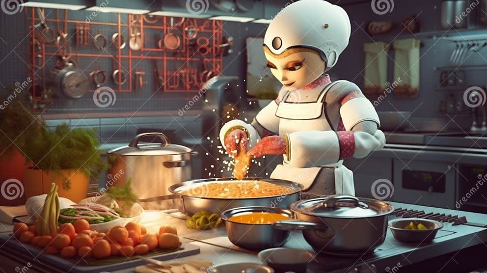 3d Rendering of Beautiful Humanoid Robot Chef Cooking in the Kitchen ...