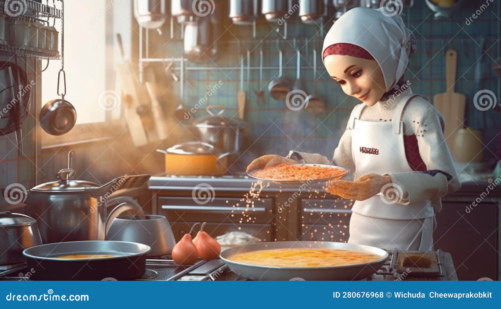 3d Rendering of a Beautiful Young Woman Humanoid Robot Chef in White ...