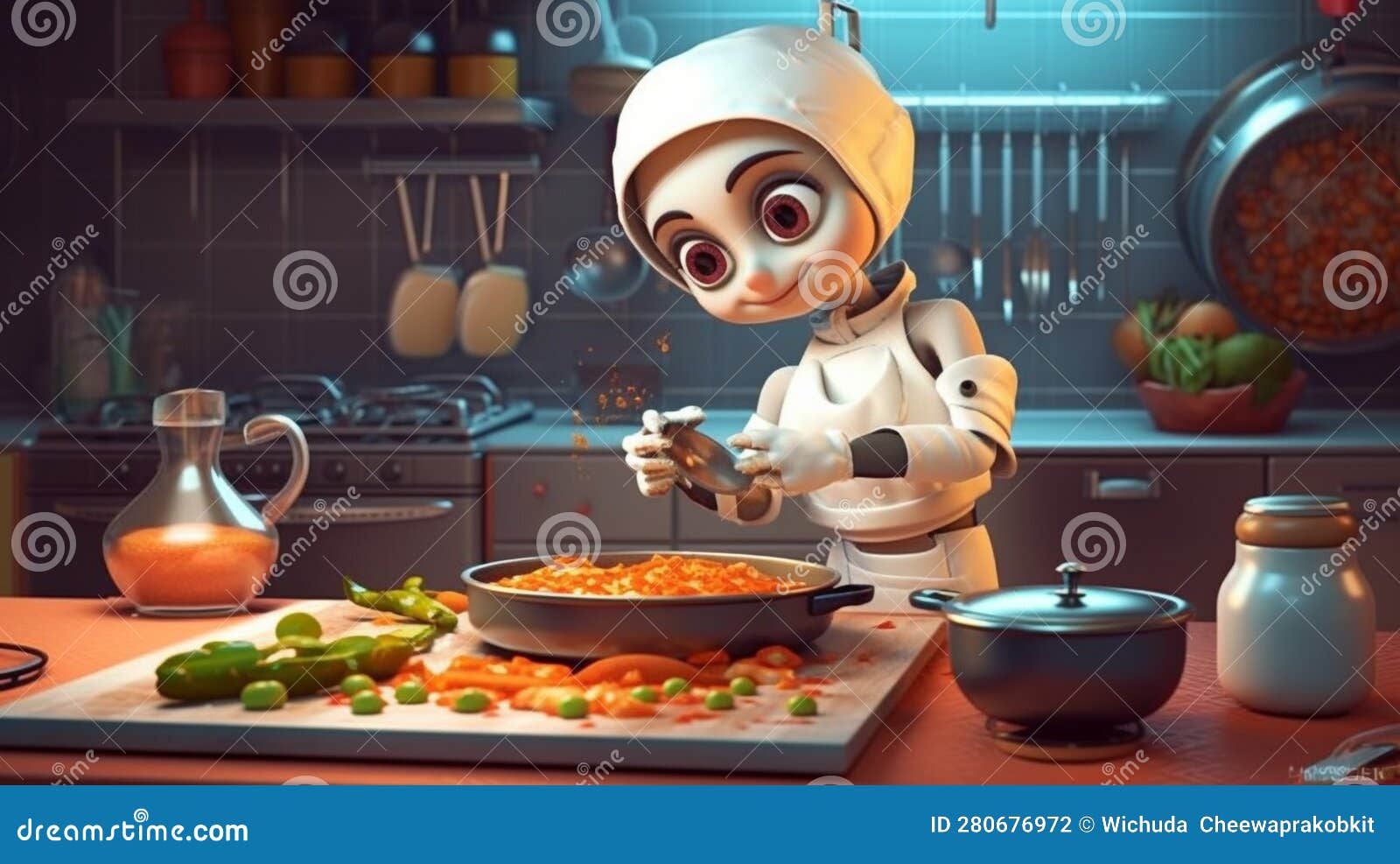 3d Rendering of a Cute Humanoid Robot Chef Cooking in the Kitchen at ...