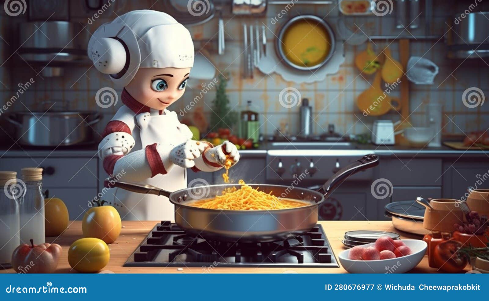 3d Rendering of a Cute Little Girl Humanoid Robot Chef Cooking Pasta in ...