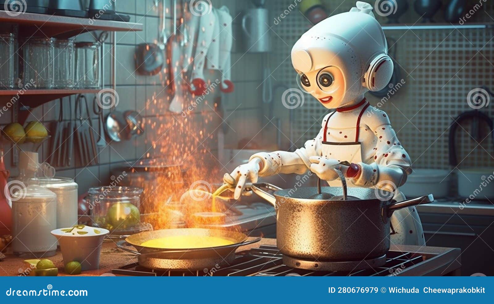 3d Rendering of a Cute Humanoid Robot Chef Cooking Soup in a Kitchen at ...