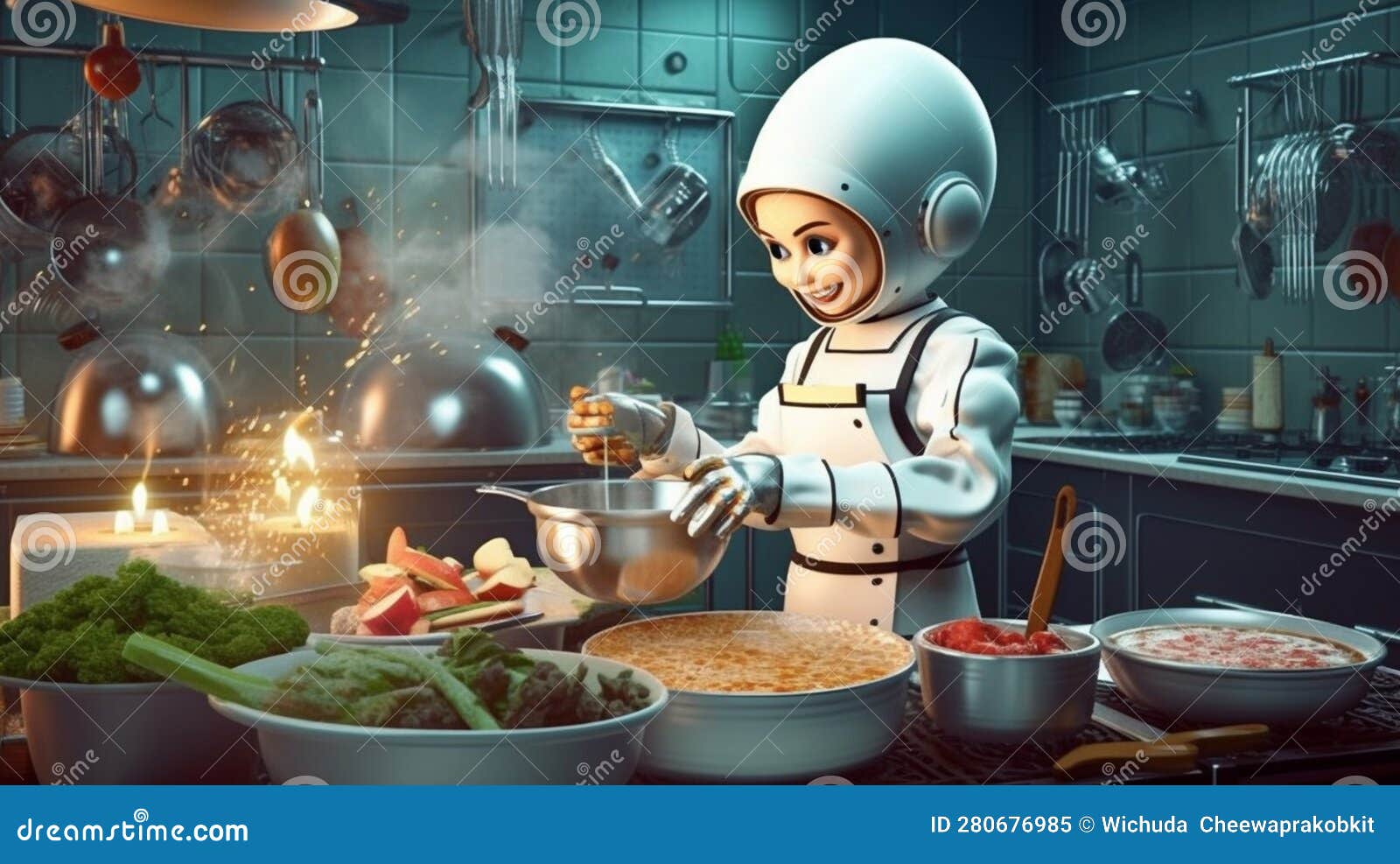 3d Rendering of a Cute Humanoid Robot Chef Cooking in the Kitchen at ...
