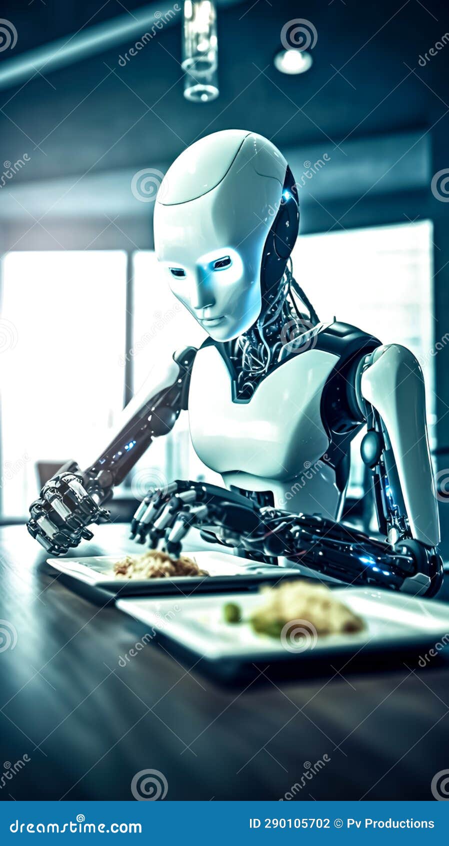 A Humanoid Robot Chef Cooks Dishes in a Restaurant Kitchen, Generative ...