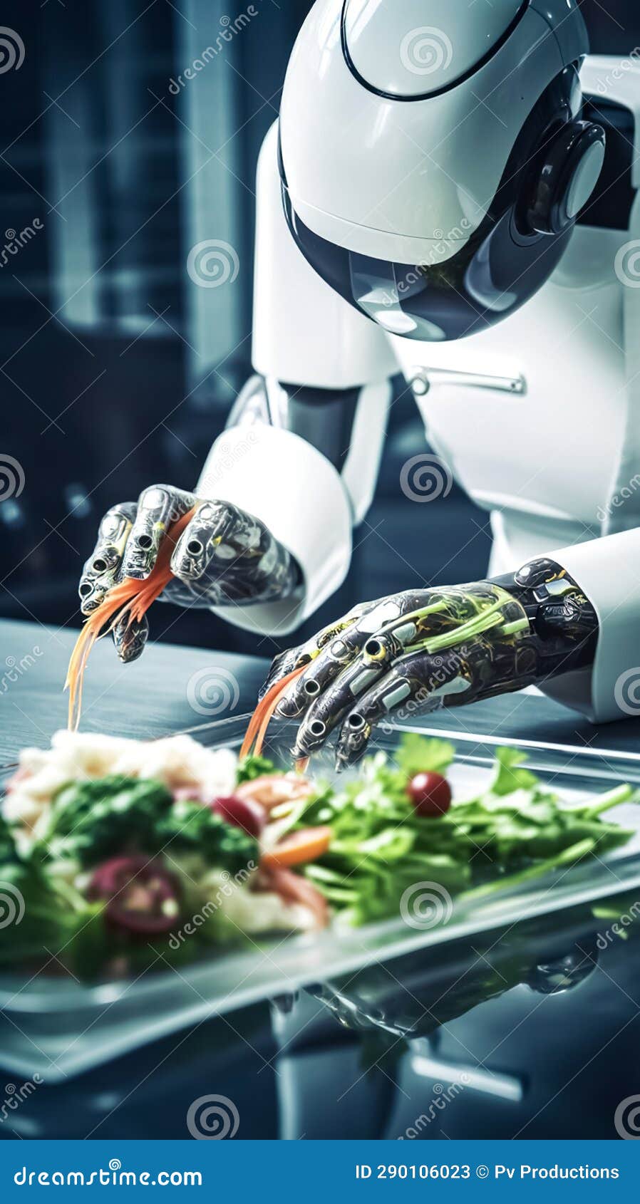 A Humanoid Robot Chef Cooks Dishes in a Restaurant Kitchen, Generative ...