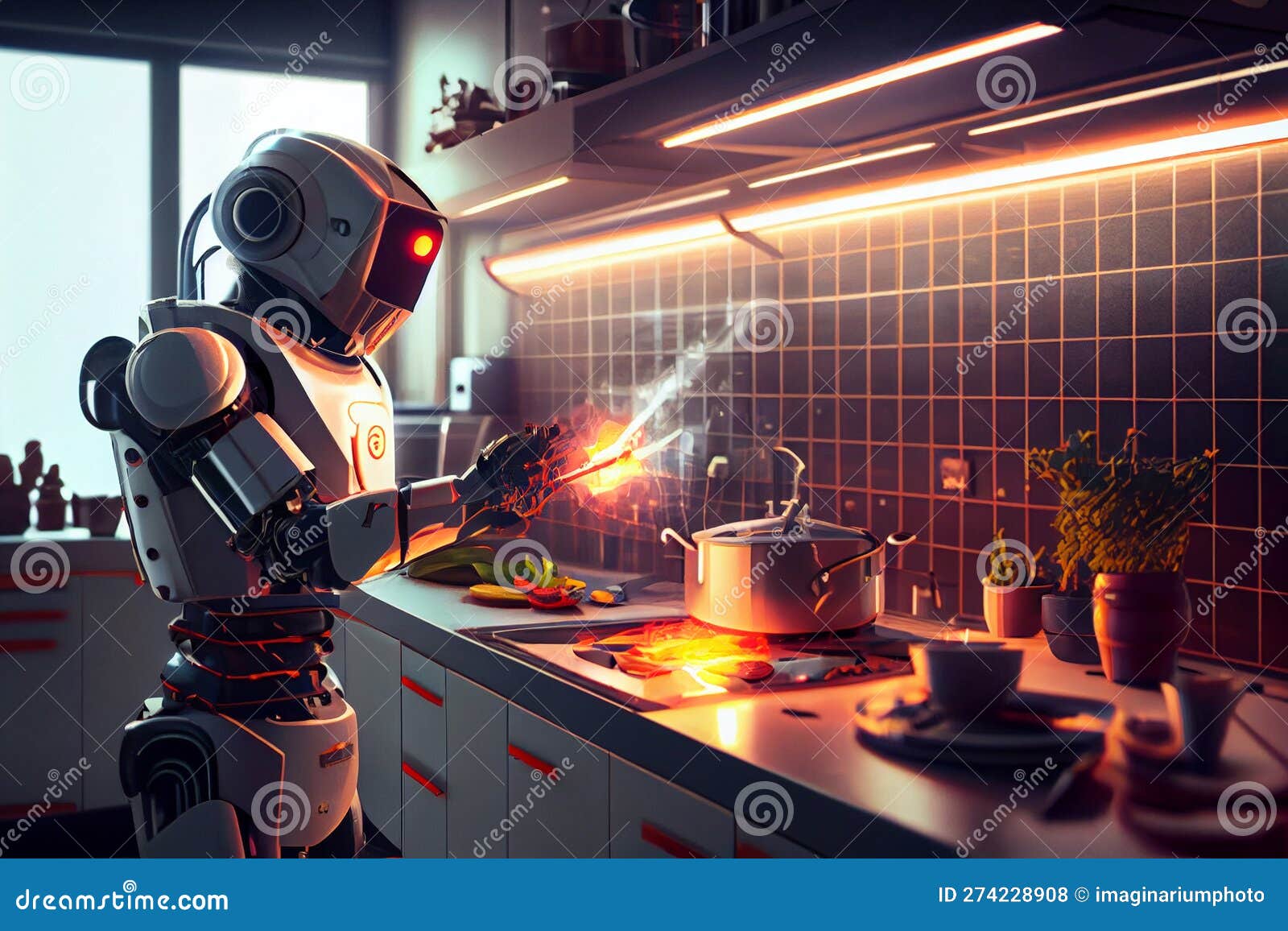 Humanoid Robot Chef Prepares Meals in the Kitchen. Replacing Human ...