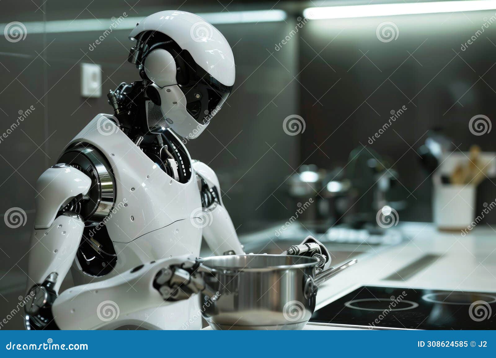 Humanoid Robot Chef Skillfully Preparing a Meal in a High-tech Kitchen ...