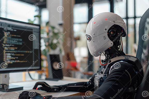Humanoid Robot Coding at a Computer in a Modern Workspace Stock ...