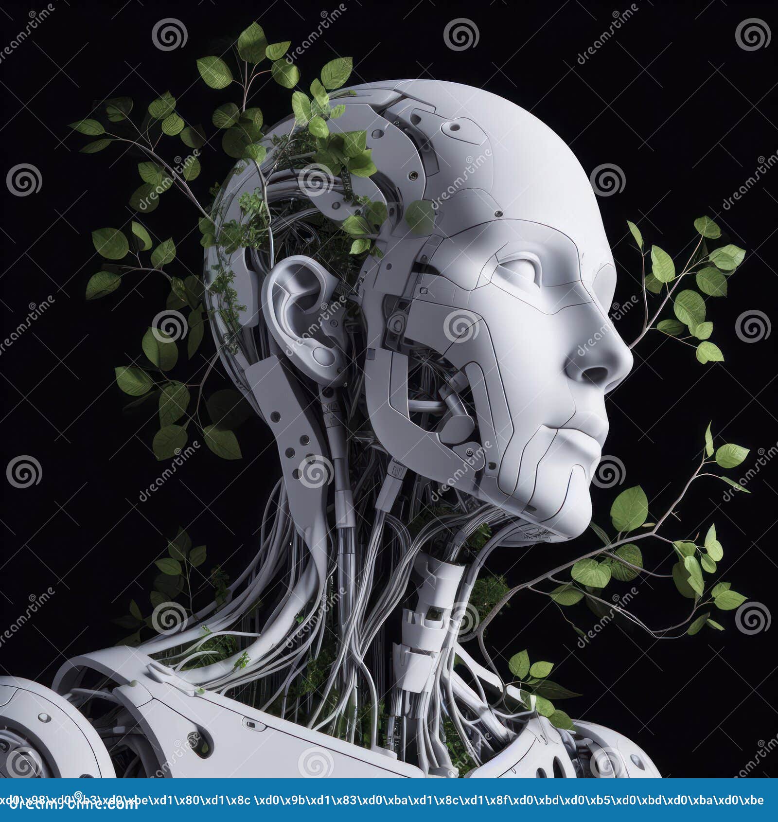 Humanoid Robot Connected with Nature. Human Cyborg AI Head with Tree ...