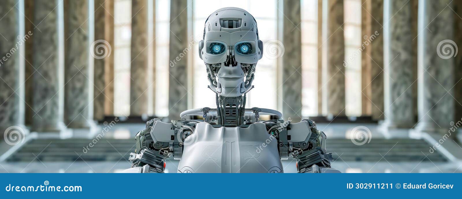 Humanoid Robot in a Contemplative Pose within a Classical Architectural ...