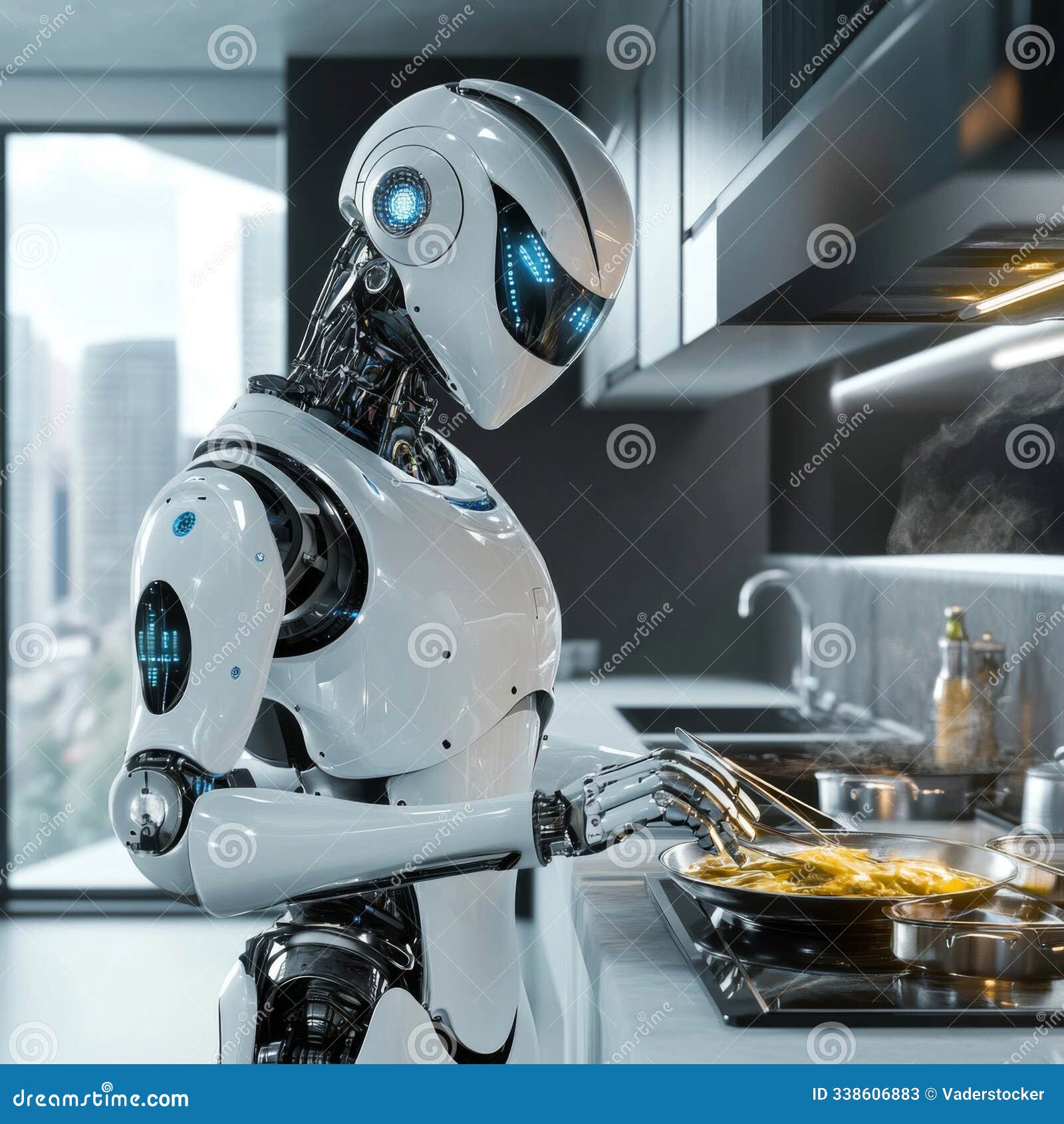 A Humanoid Robot Cooking Food on a Stove in a Modern Kitchen Stock ...