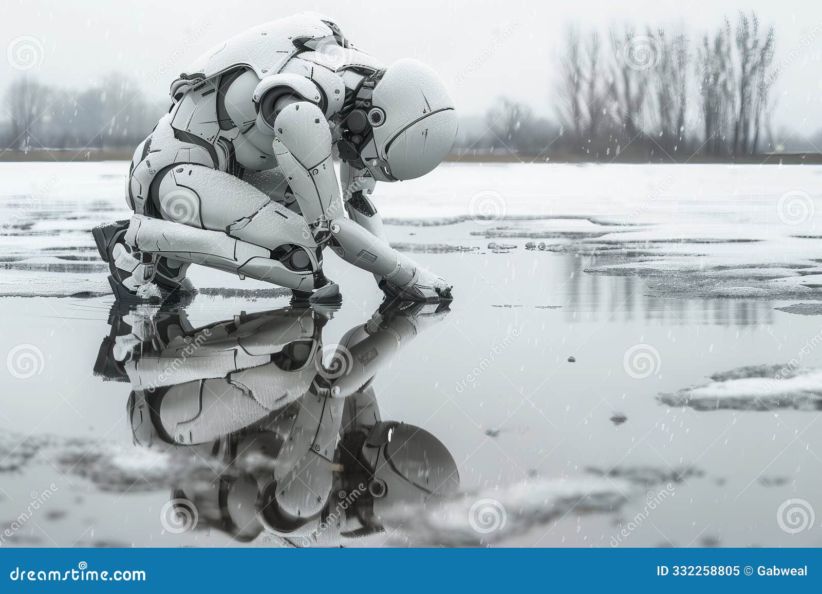 Humanoid Robot Crouched and Reflecting on Ice, AI Generated Stock ...