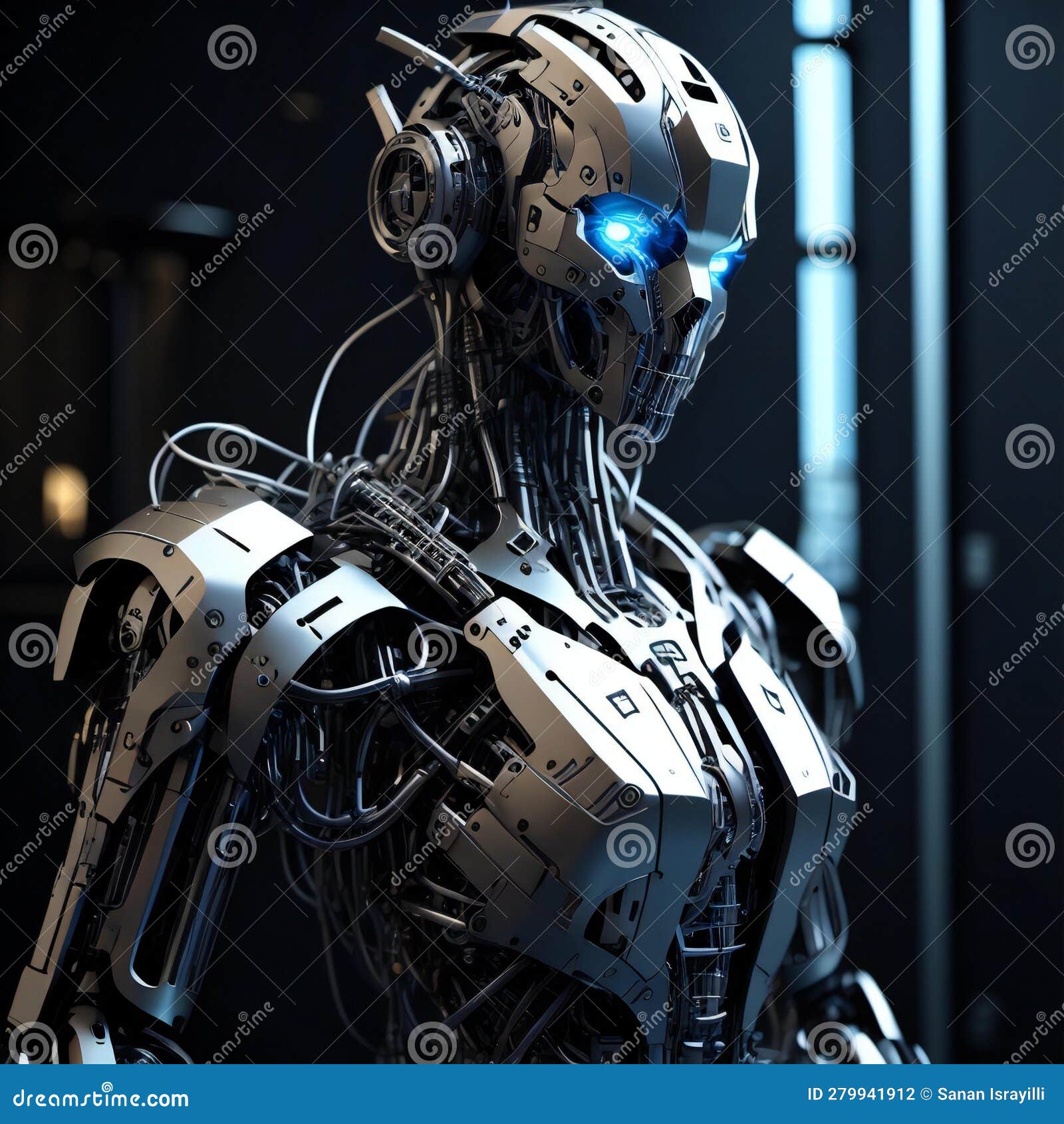 Humanoid Robot in Dark Room with Blue Lights on Background. Generative ...