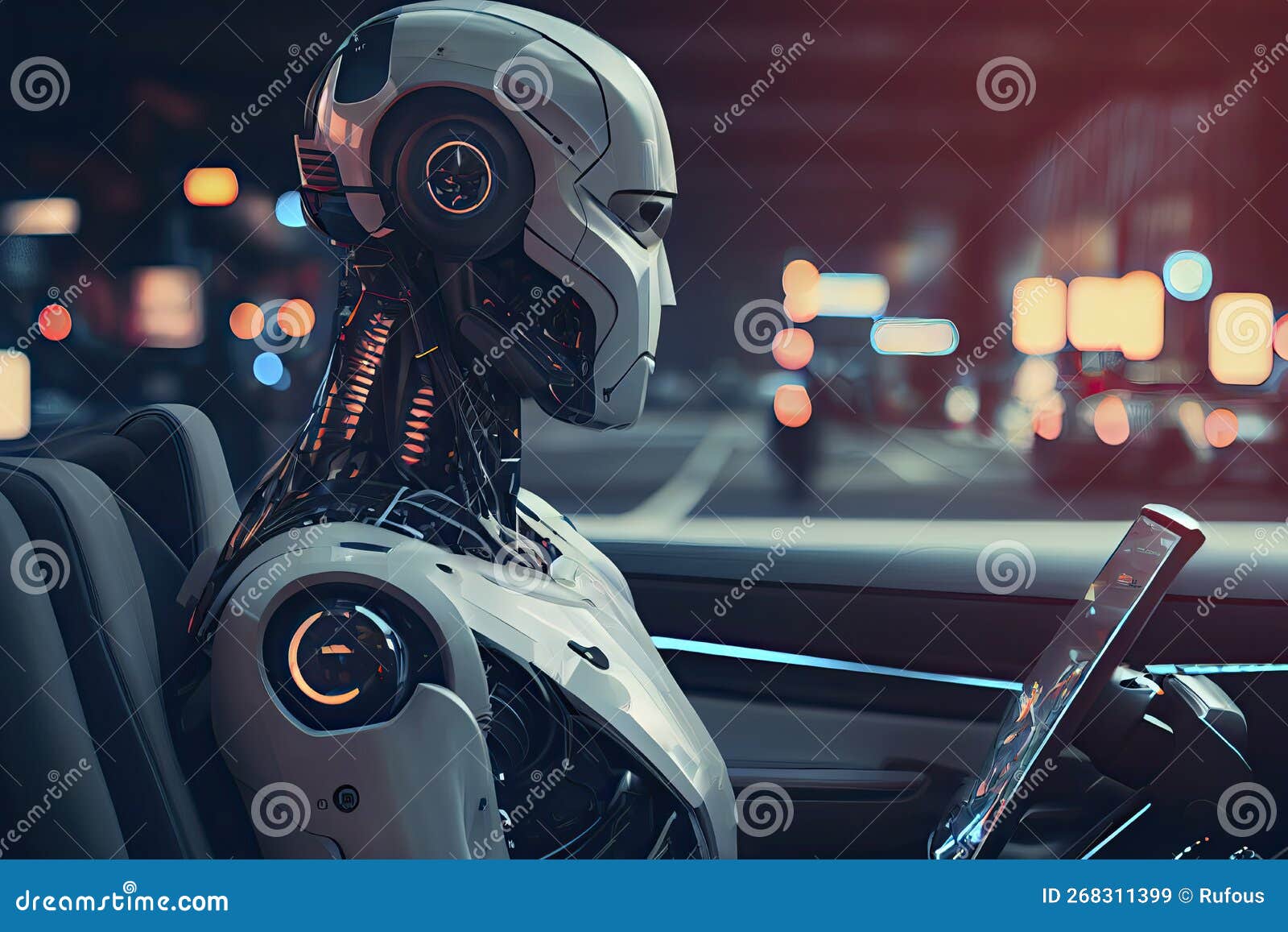 Humanoid Robot Driving Autonomous Car, Future Technology Concept Stock ...