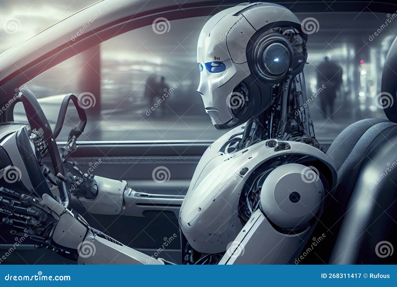 Humanoid Robot Driving Autonomous Car, Future Technology Concept Stock ...