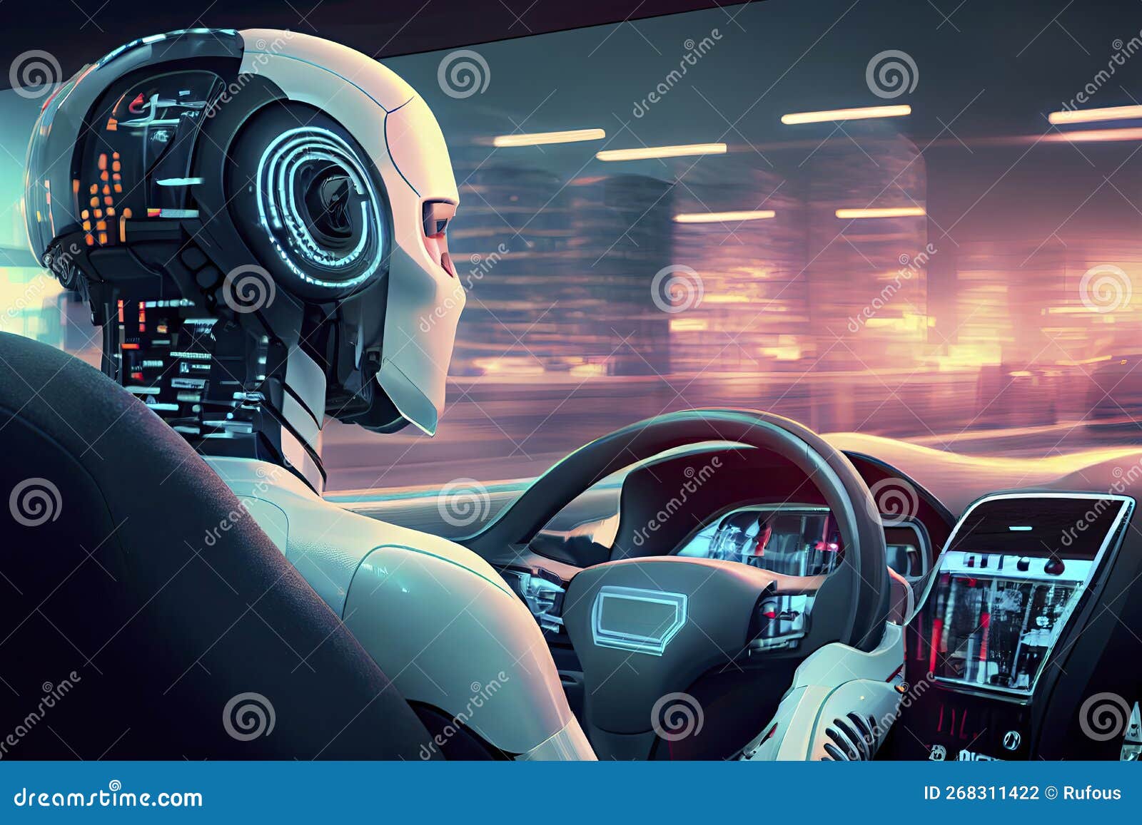 Humanoid Robot Driving Autonomous Car, Future Technology Concept Stock ...