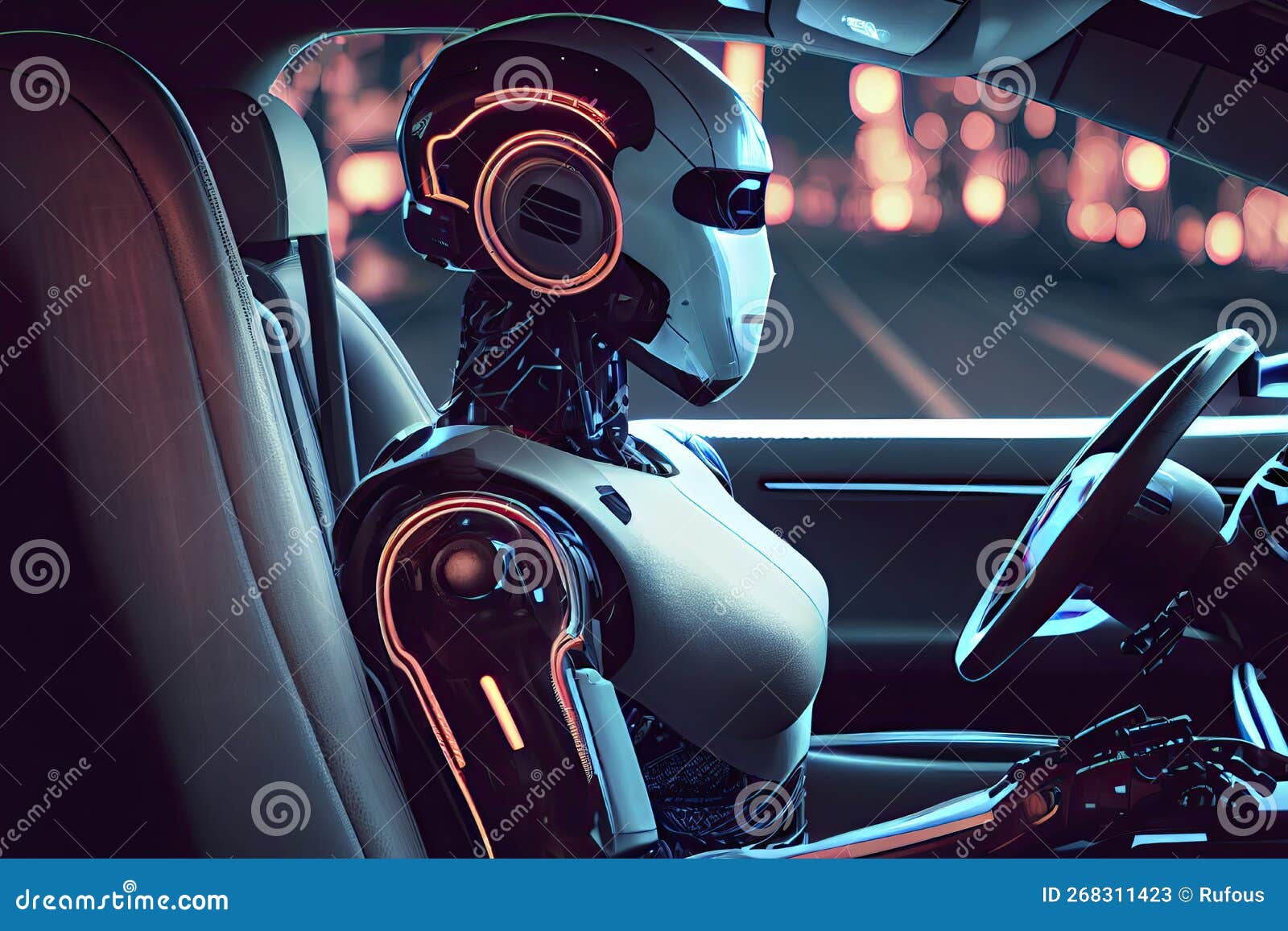 Humanoid Robot Driving Autonomous Car, Future Technology Concept Stock ...