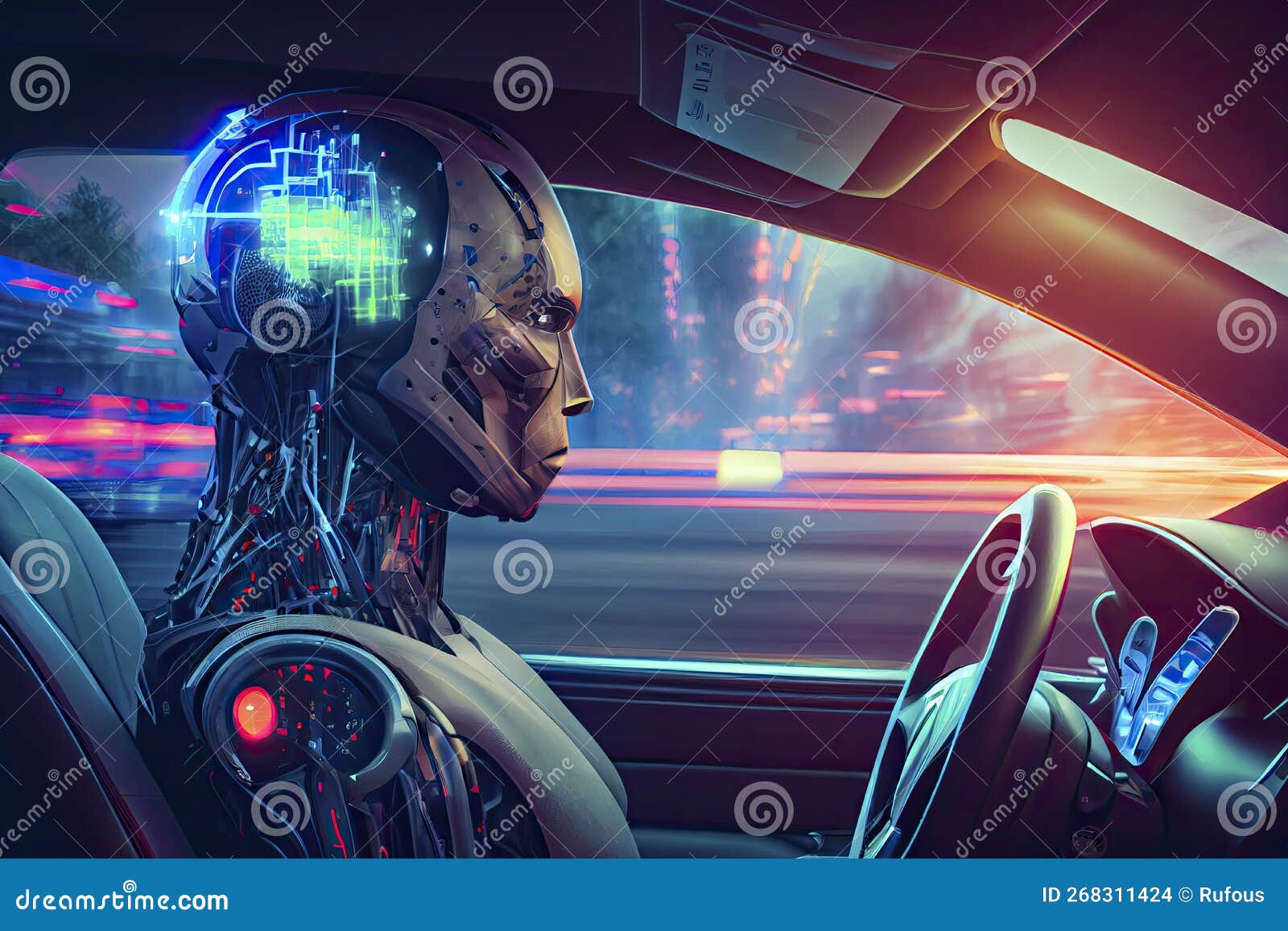 Humanoid Robot Driving Autonomous Car, Future Technology Concept Stock ...