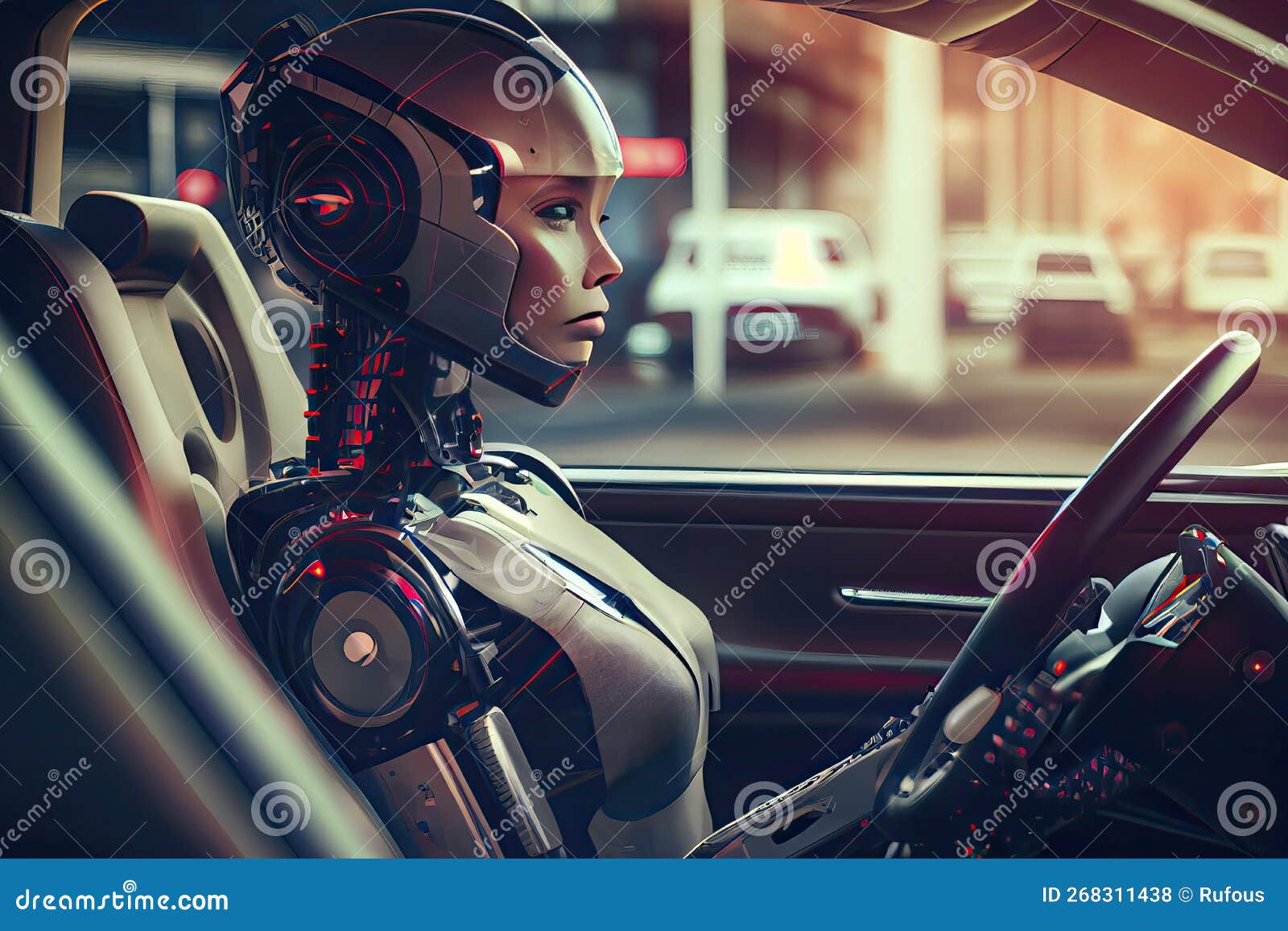 Humanoid Robot Driving Autonomous Car, Future Technology Concept Stock ...