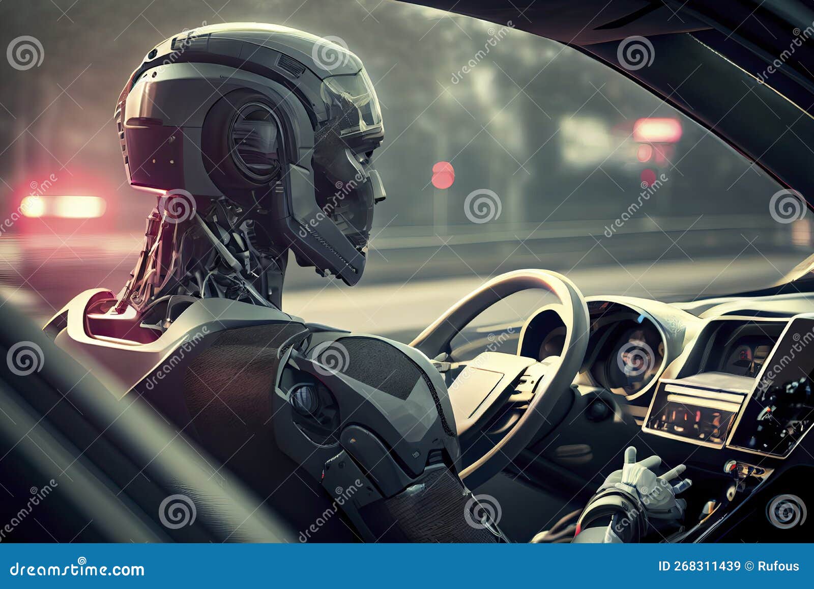 Humanoid Robot Driving Autonomous Car, Future Technology Concept Stock ...