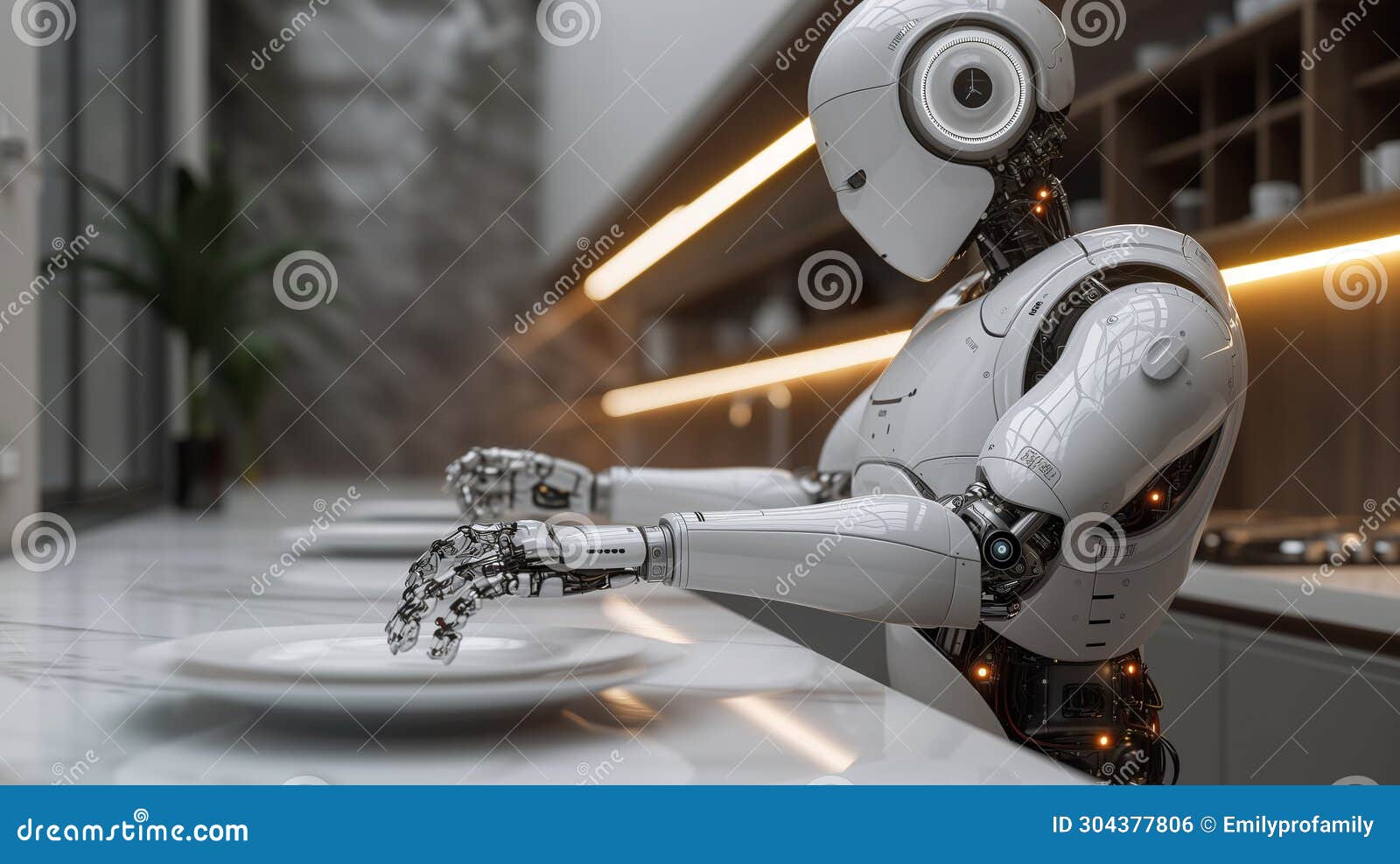 Humanoid Robot Efficiently Washing White Plates in Modern Kitchen Stock ...