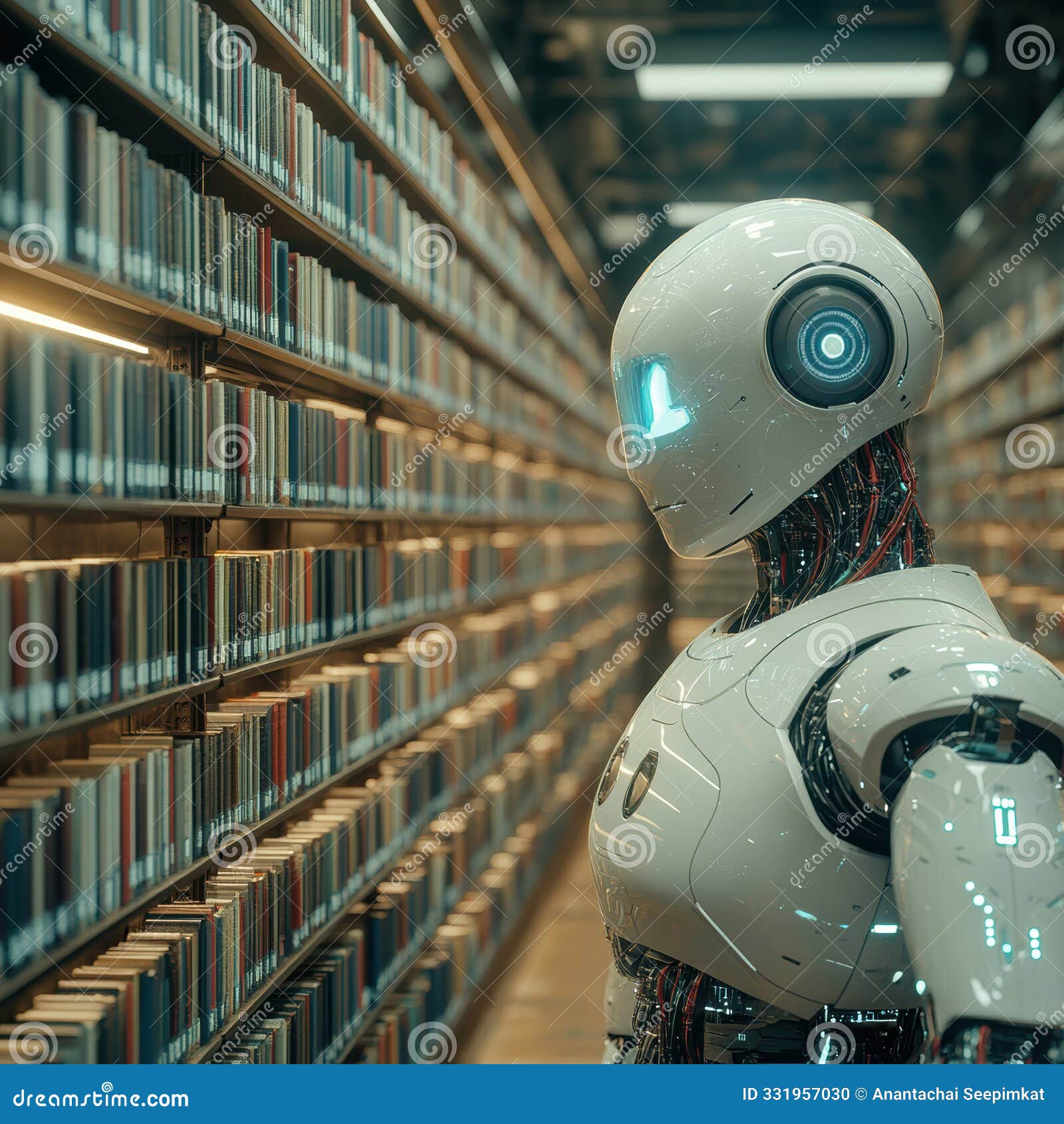 A Humanoid Robot Explores Rows of Bookshelves in a Library, Symbolizing ...