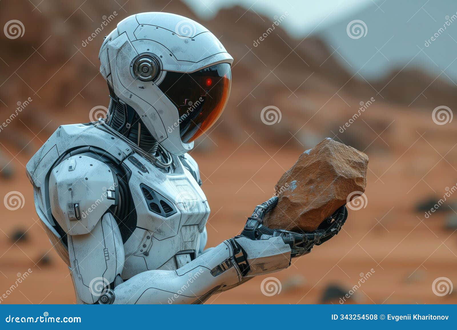 Humanoid Robot Exploring a Mineral Sample on the Planet Mars Stock ...