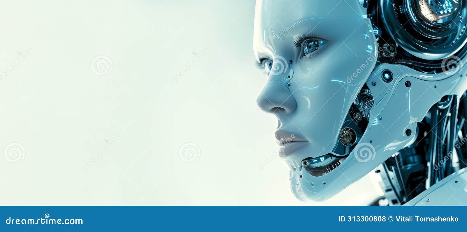 A Humanoid Robot Face on a Light Background with Copy Space, Banner for ...