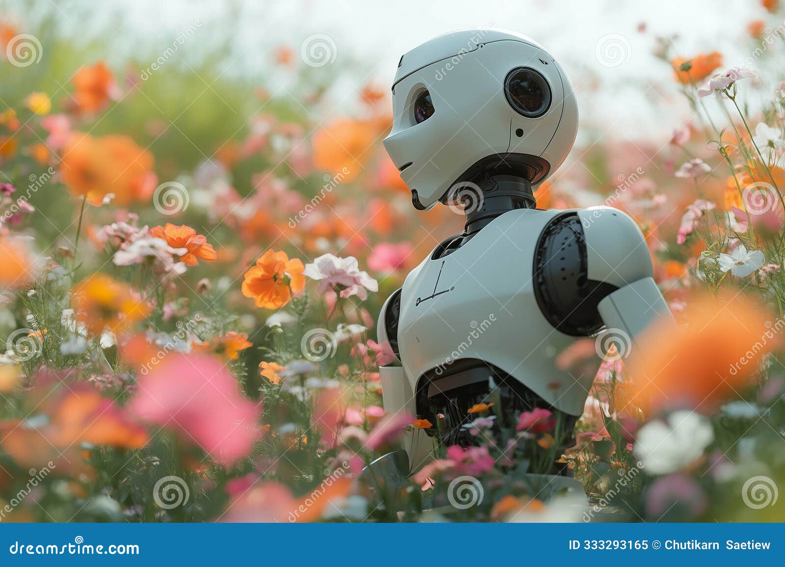 Humanoid Robot in a Garden of Flowers, AI Generated Stock Illustration ...