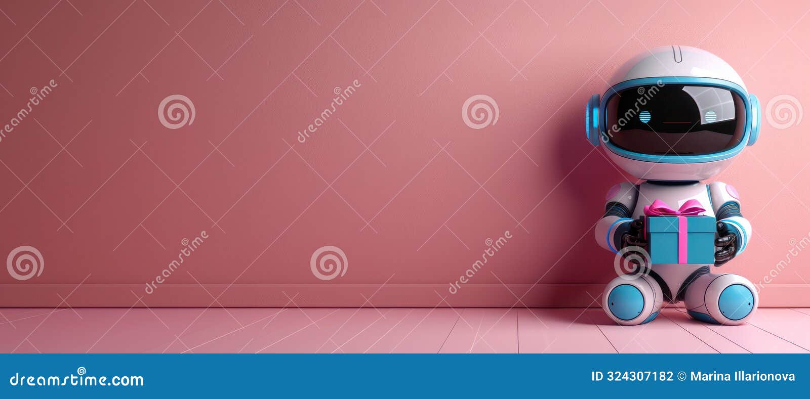 Humanoid Robot with Gift Box on Pink Background. Online Assistant Chat ...